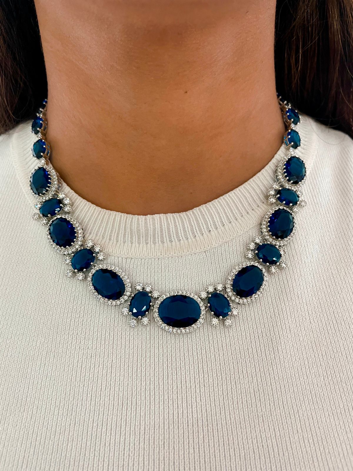 Sapphire Oval Diamond Detail Line Necklace Set (Necklace, Earrings, Ri ...